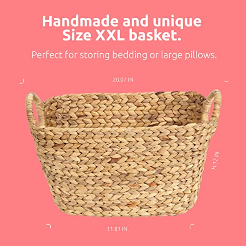 Compactor Caracas Water Hyacinth Storage Baskets, Handmade Large Wicker Basket For Laundry Bed Linen Towels, Wicker Baskets for Storage, Living Room Blanket Storage, Brown Basket - 18 x 11 x 11 inch