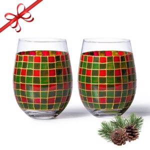 Crystal Christmas Holiday Tree Stemmed Wine Glass - Pink & Green - 12oz Goblet Bordeaux Gold Rim Colored Glassware, Cheerful Party Festive New Years Cheer for Holiday Gift Xmas & Winter Season