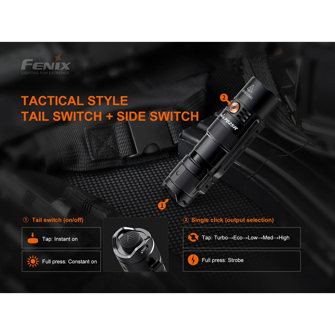 Fenix PD25R EDC Flashlight, 800 Lumen USB-C Rechargeable Dual Switch Pocket Size Lightweight with LumenTac Organizer