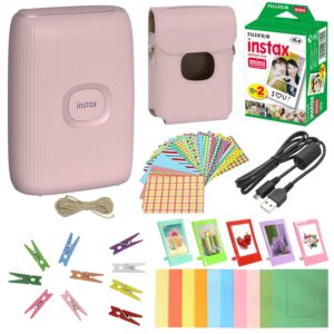 fujifilm instax mini link 2 smartphone printer soft pink + fuji instax film value pack 20 sheets accessories bundle with case + 5 plastic desk frames + 10 paper frames plus 60 sticker frames