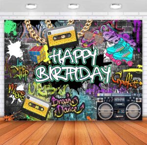 sensfun graffiti 80's 90's birthday backdrop urban retro hip hop birthday party background gold chain glasses cartridge tape recorder disc rock birthday decoration banner photo booth props 7x5ft