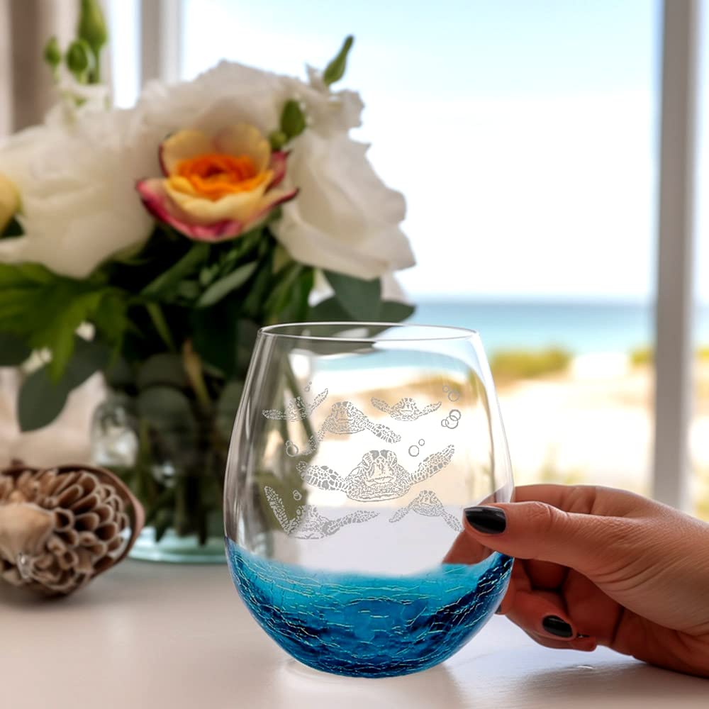 Deeply Etched Sea Turtles Family Handmade Engraved Crackle Turquoise Beach Wine Glass, Valentines Day Gifts Idea 2024