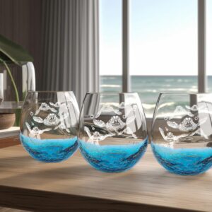 Deeply Etched Sea Turtles Family Handmade Engraved Crackle Turquoise Beach Wine Glass, Valentines Day Gifts Idea 2024