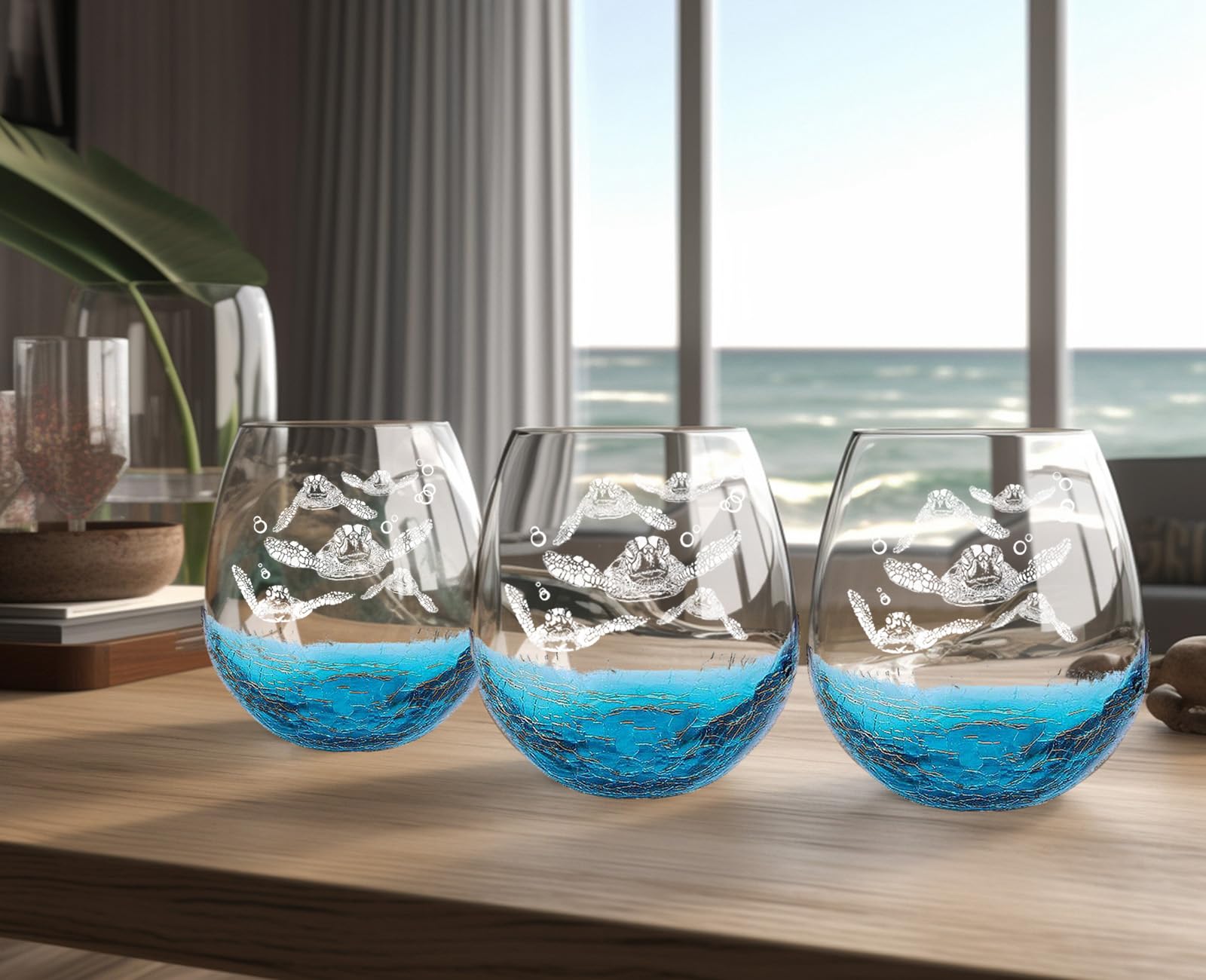 Deeply Etched Sea Turtles Family Handmade Engraved Crackle Turquoise Beach Wine Glass, Valentines Day Gifts Idea 2024