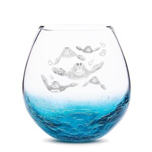 Deeply Etched Sea Turtles Family Handmade Engraved Crackle Turquoise Beach Wine Glass, Valentines Day Gifts Idea 2024