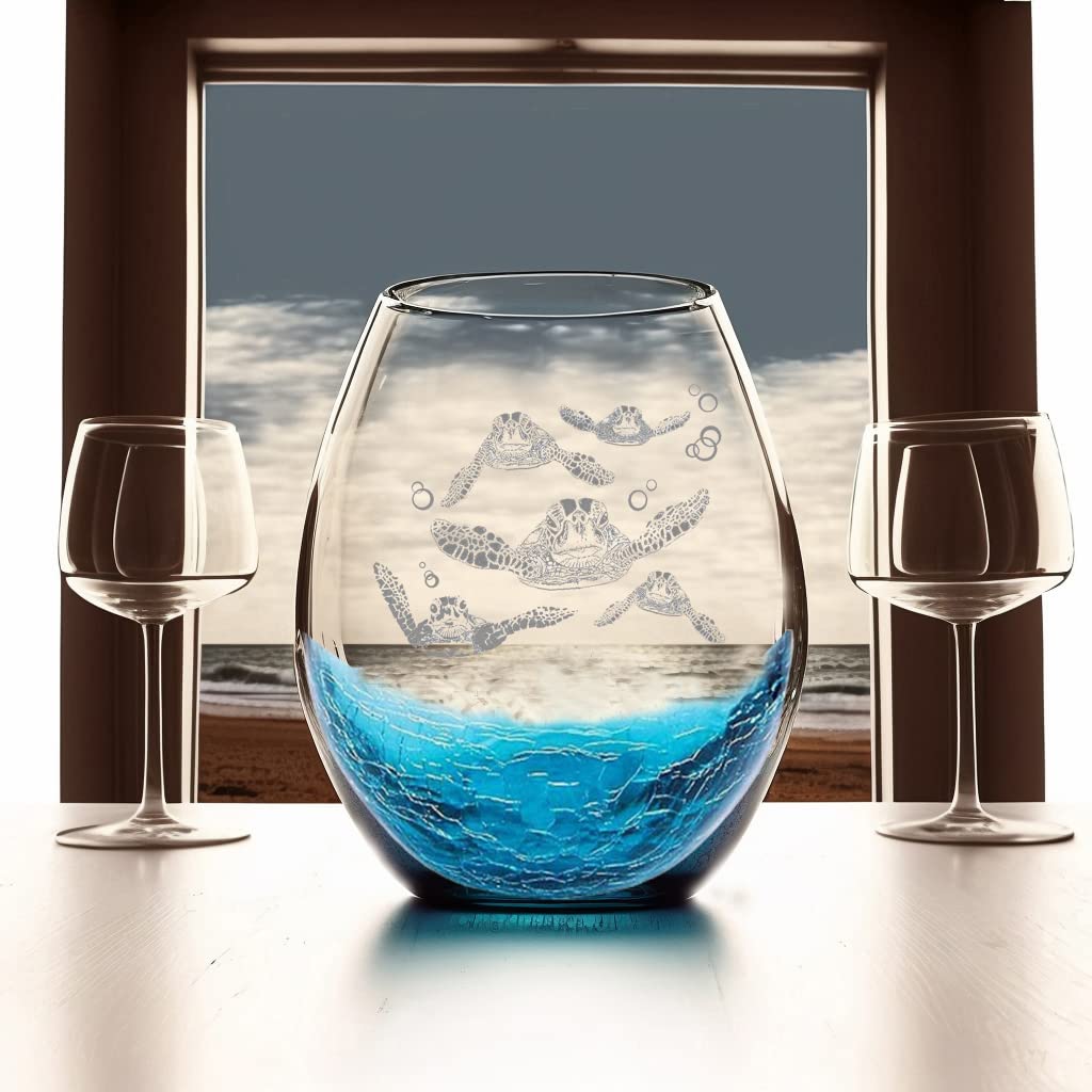 Deeply Etched Sea Turtles Family Handmade Engraved Crackle Turquoise Beach Wine Glass, Valentines Day Gifts Idea 2024