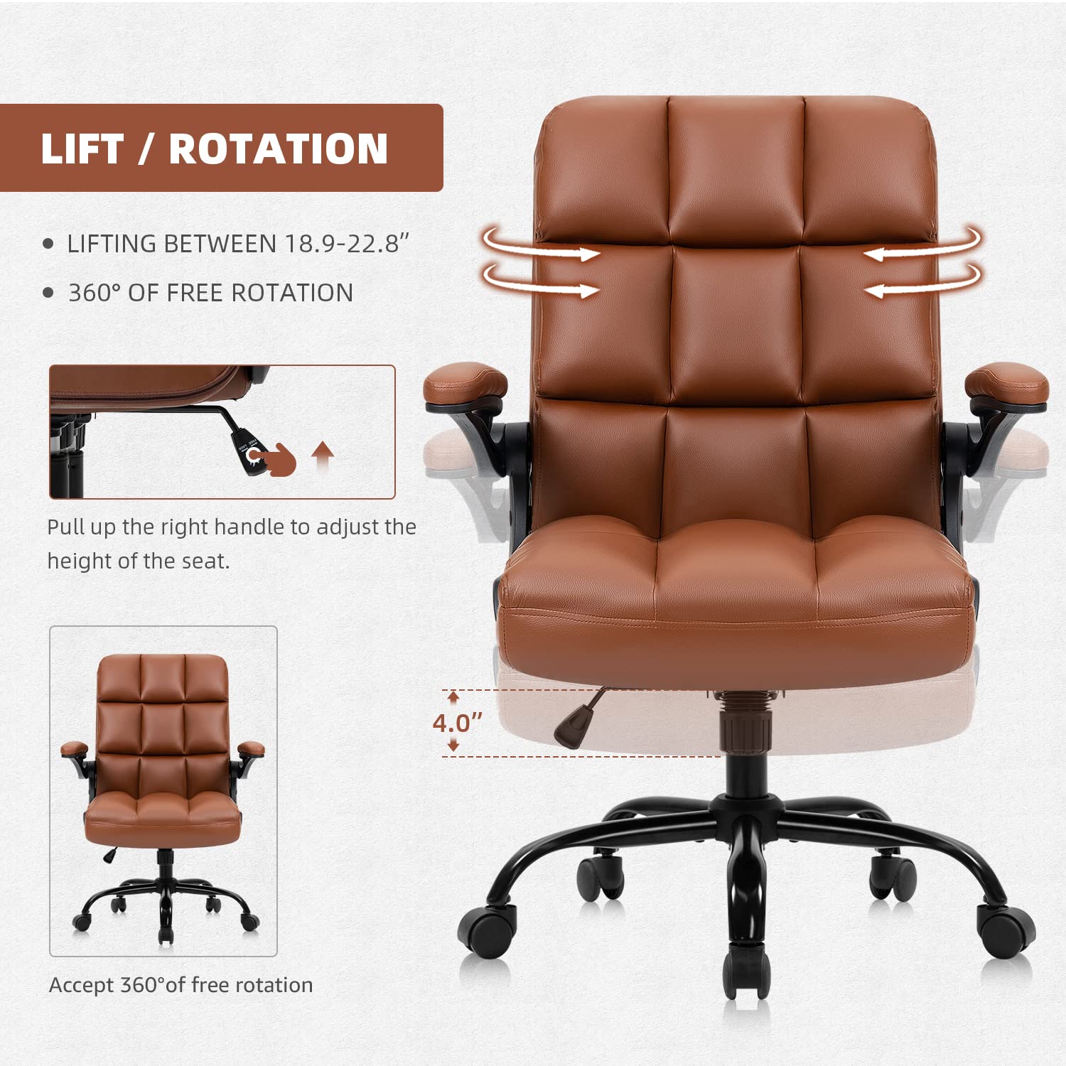 SEATZONE Home Office Chair Ergonomic Desk Executive Chair Computer Task Chair, Rolling Swivel Chair with Arms,Brown