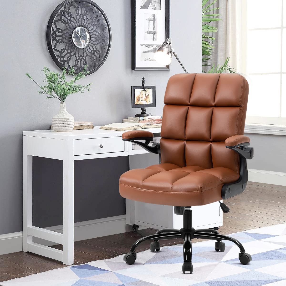 SEATZONE Home Office Chair Ergonomic Desk Executive Chair Computer Task Chair, Rolling Swivel Chair with Arms,Brown