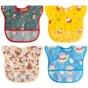 2ooya 4pcs christmas baby feeding bibs toddler waterproof bib set with crumb catcher pocket infant adjustable teething food bib baby keepsake gift for christmas,6-12 months