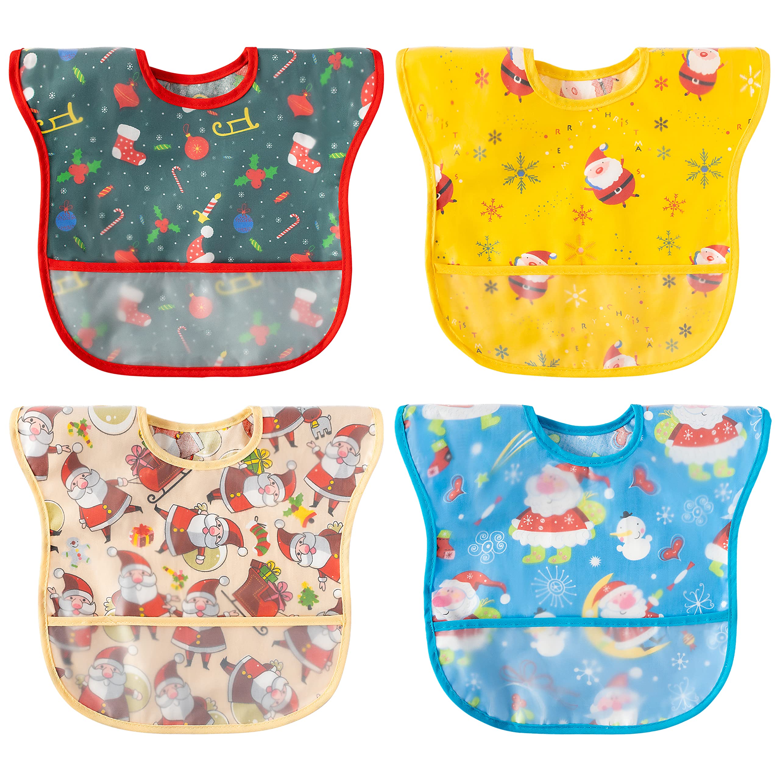 2ooya 4pcs Christmas Baby Feeding Bibs Toddler Waterproof Bib Set with Crumb Catcher Pocket Infant Adjustable Teething Food Bib Baby Keepsake Gift for Christmas,6-12 Months