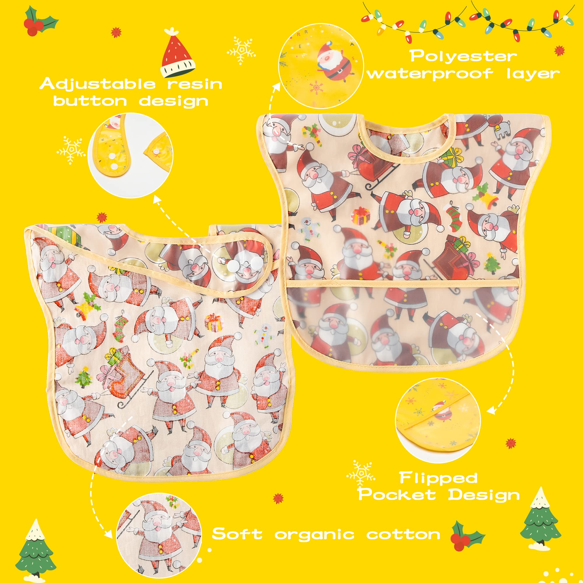 2ooya 4pcs Christmas Baby Feeding Bibs Toddler Waterproof Bib Set with Crumb Catcher Pocket Infant Adjustable Teething Food Bib Baby Keepsake Gift for Christmas,6-12 Months