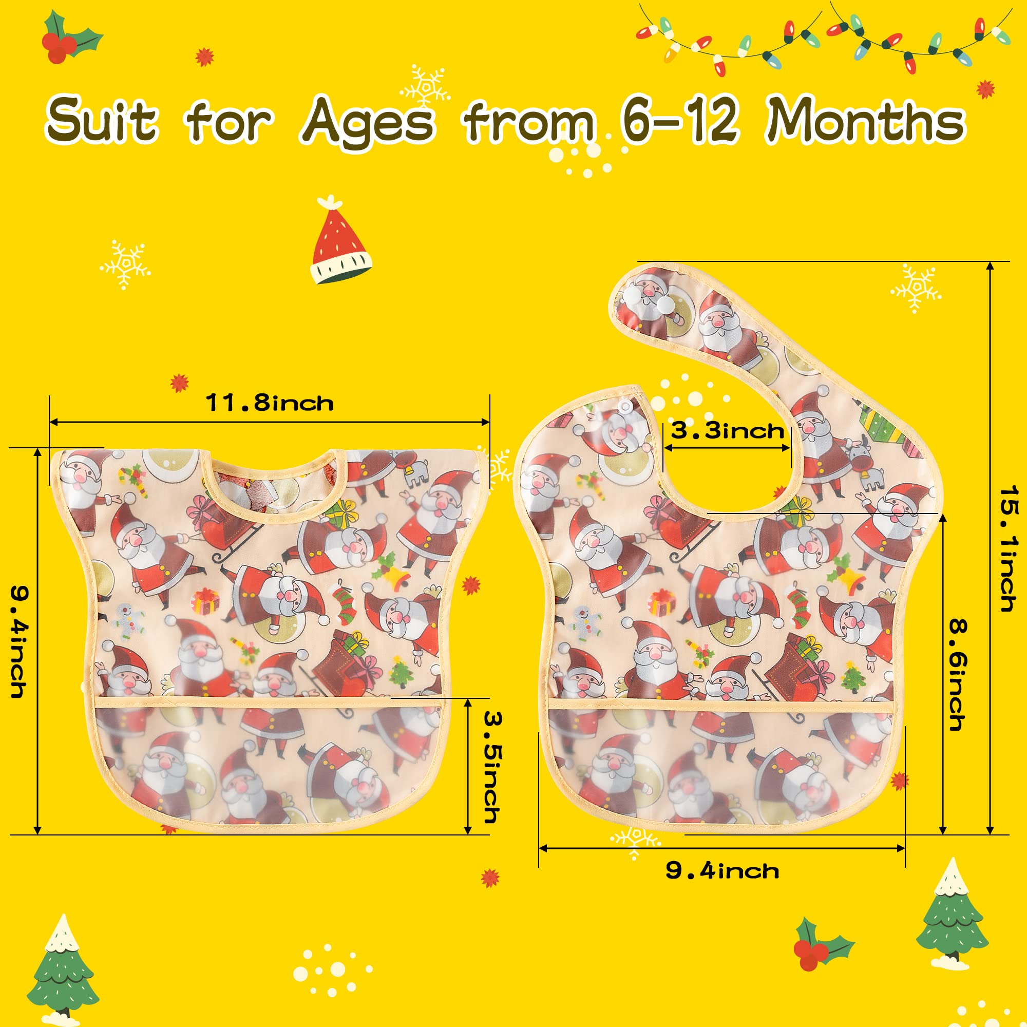 2ooya 4pcs Christmas Baby Feeding Bibs Toddler Waterproof Bib Set with Crumb Catcher Pocket Infant Adjustable Teething Food Bib Baby Keepsake Gift for Christmas,6-12 Months