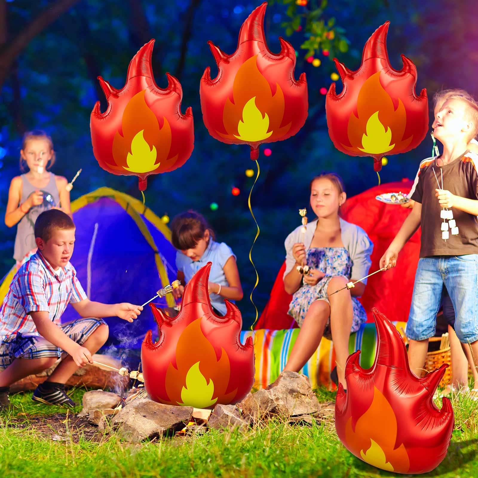 12 Pcs Fire Balloons Fire Truck Birthday Party Supplies 33 Inch Large Flame Balloons Yellow Orange Red Firefighter Decorations Aluminum Foil Fake Campfire for Fireman Theme Kids' Party Favors