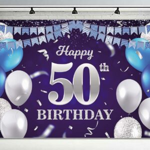 Happy 50th Birthday Banner Backdrop Navy Blue Balloons Confetti Stripe Flag Light Spots Cheers to 50 Years Old Theme Decorations Decor for Women Men 50th Birthday Party Bday Supplies Glitter Silver