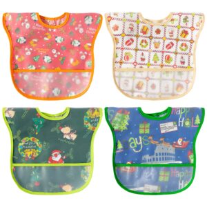 2ooya 4pcs baby christmas bibs baby waterproof bibs toddler kids feeding bib set with crumb catcher pocket infant adjustable baby teething food bib baby keepsake gift for christmas（6-12 months）