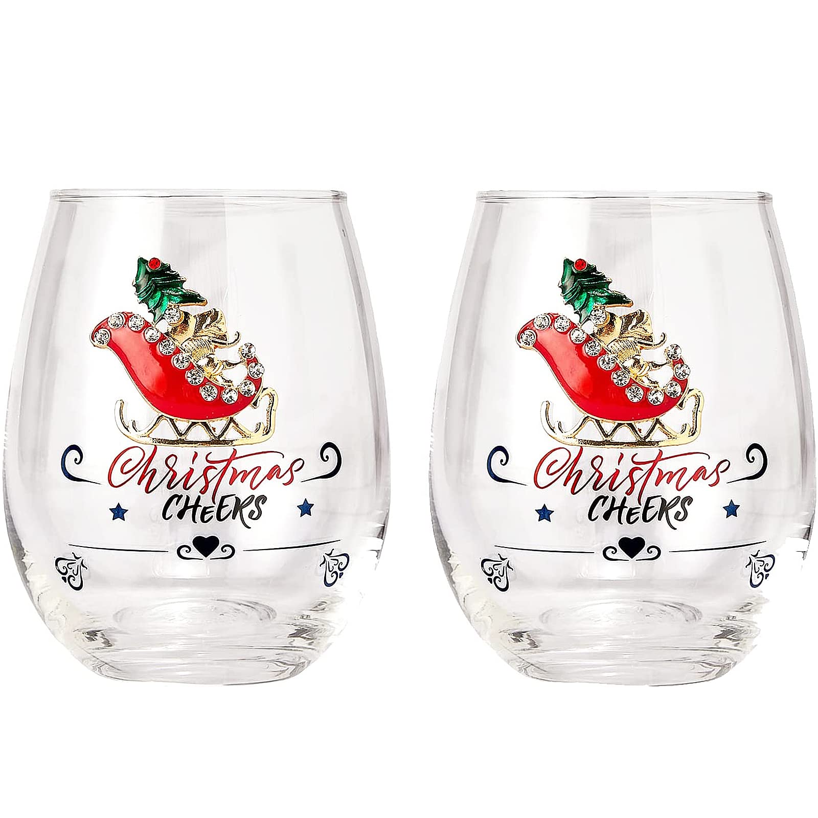 Crystal Christmas Santa's Sleigh Wine & Water Glasses - Set of 2, 17.5oz - Xmas Diamond New Years Santa Holiday Festive Theme Stemless Glass - New Year Holiday Gifts for Men Women Friend Family