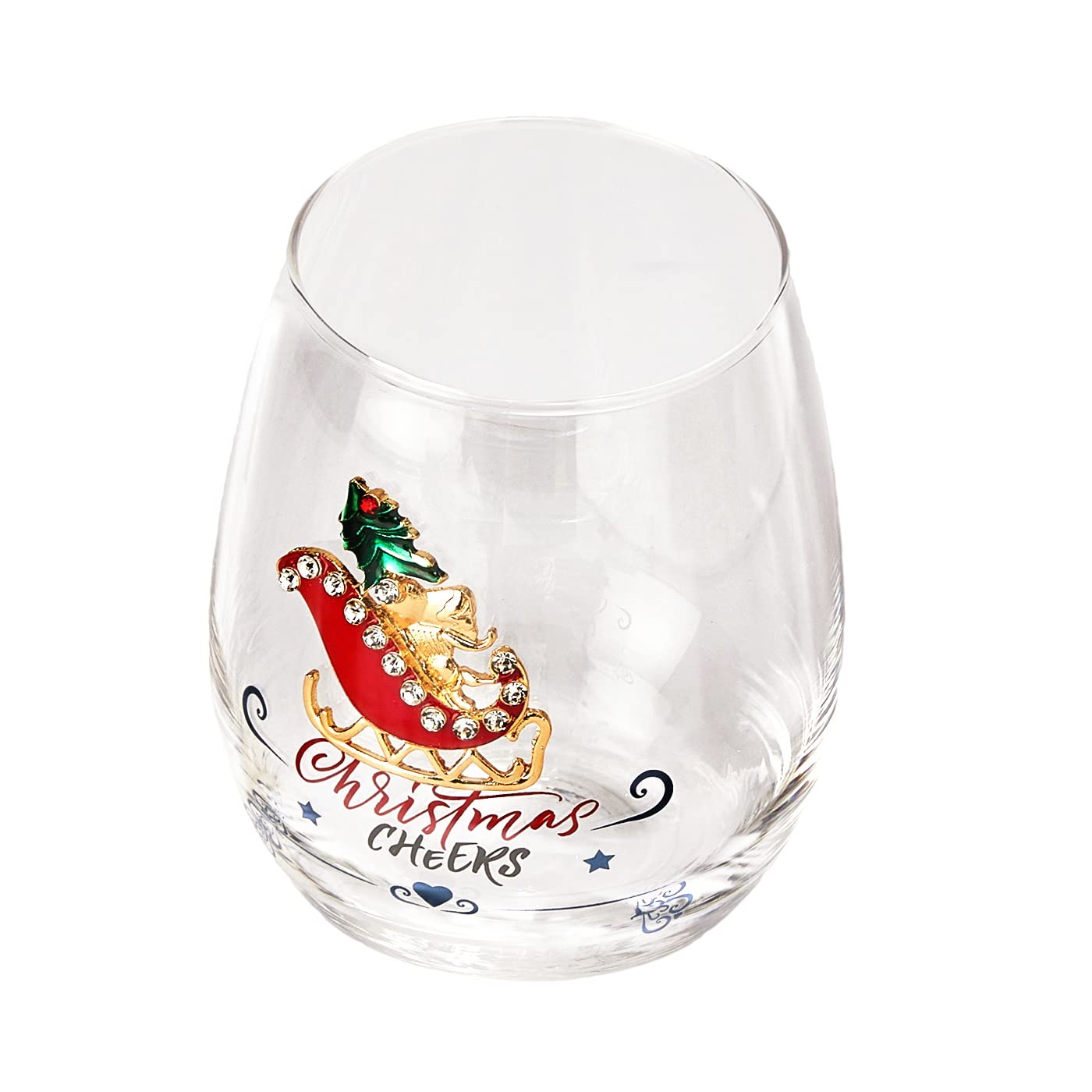 Crystal Christmas Santa's Sleigh Wine & Water Glasses - Set of 2, 17.5oz - Xmas Diamond New Years Santa Holiday Festive Theme Stemless Glass - New Year Holiday Gifts for Men Women Friend Family