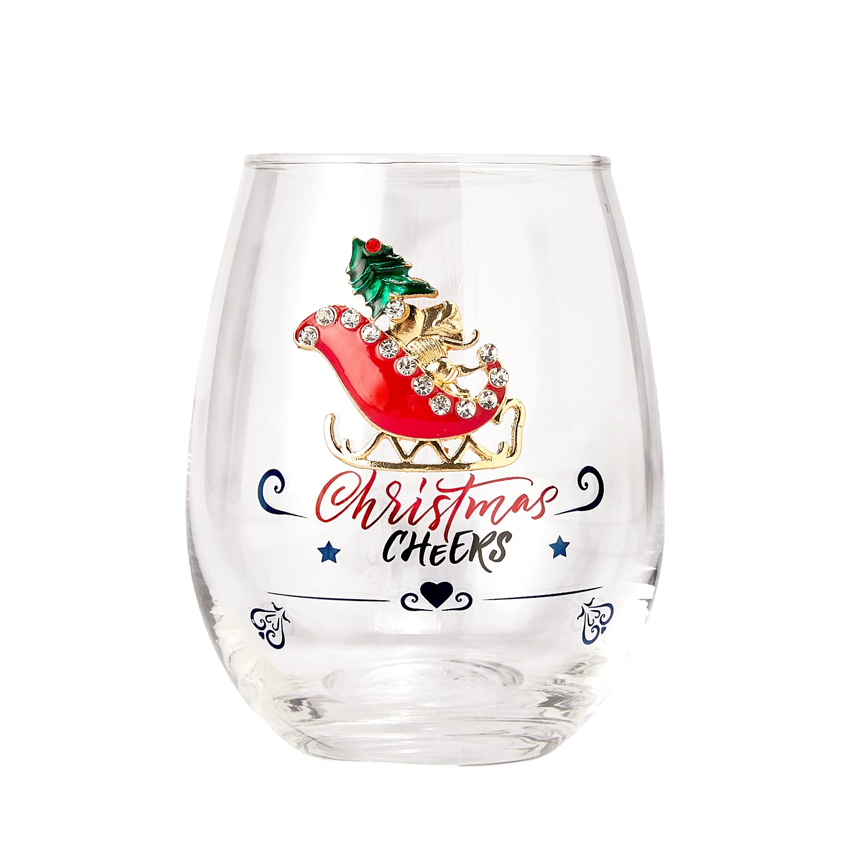 Crystal Christmas Santa's Sleigh Wine & Water Glasses - Set of 2, 17.5oz - Xmas Diamond New Years Santa Holiday Festive Theme Stemless Glass - New Year Holiday Gifts for Men Women Friend Family