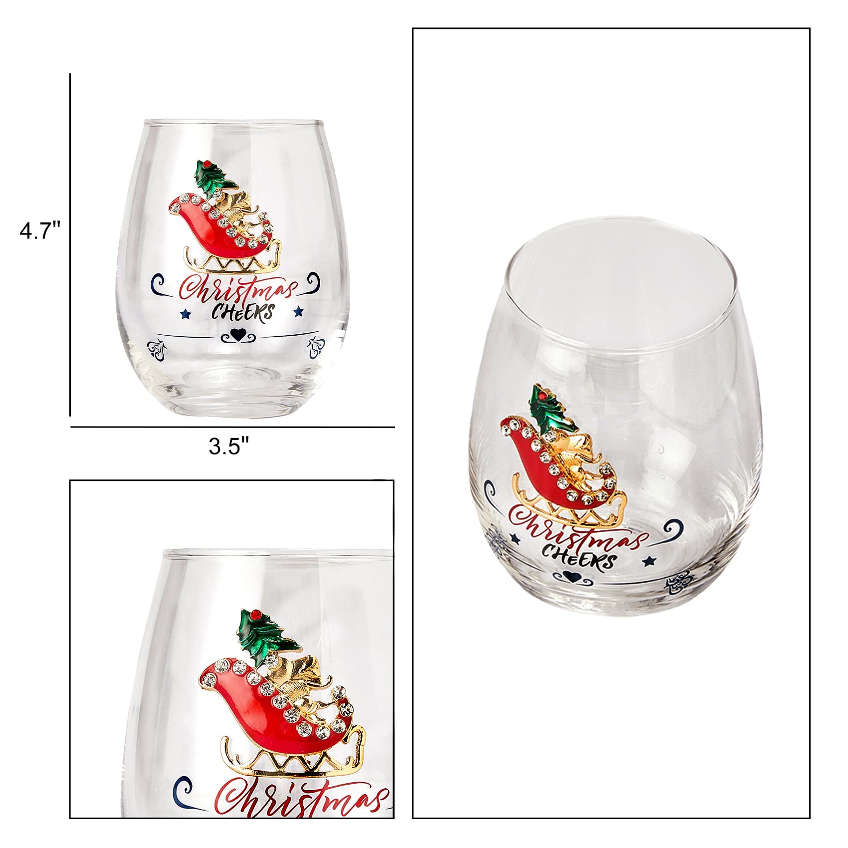 Crystal Christmas Santa's Sleigh Wine & Water Glasses - Set of 2, 17.5oz - Xmas Diamond New Years Santa Holiday Festive Theme Stemless Glass - New Year Holiday Gifts for Men Women Friend Family