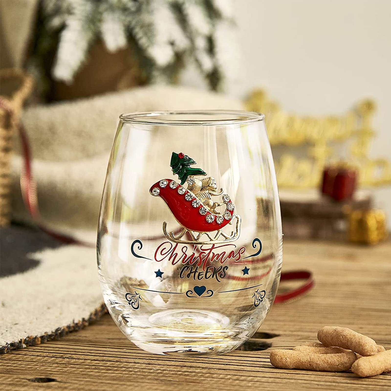 Crystal Christmas Santa's Sleigh Wine & Water Glasses - Set of 2, 17.5oz - Xmas Diamond New Years Santa Holiday Festive Theme Stemless Glass - New Year Holiday Gifts for Men Women Friend Family