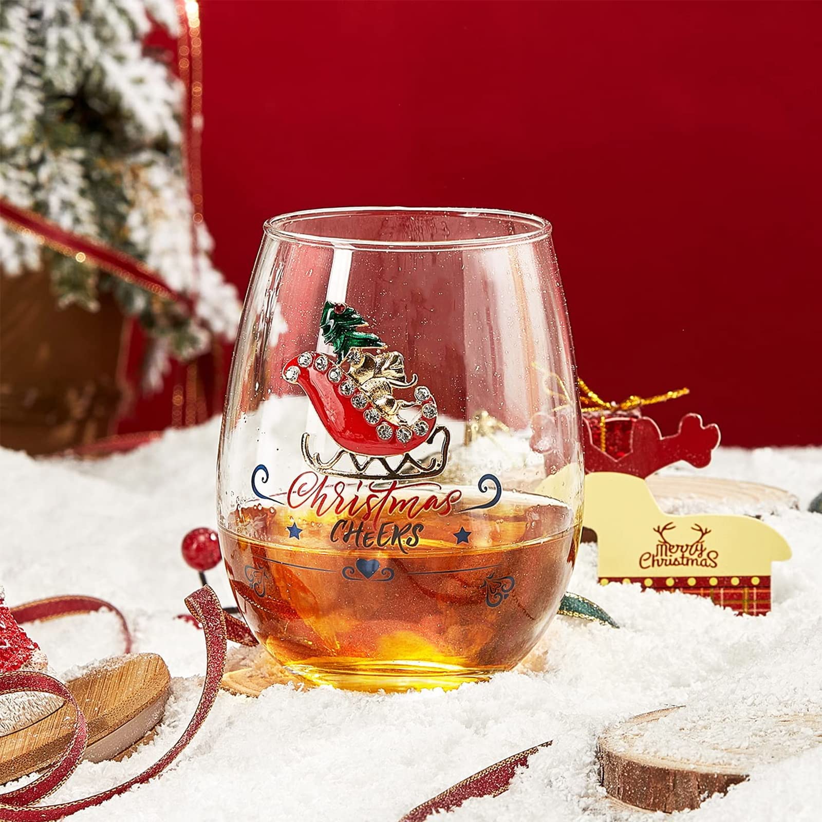 Crystal Christmas Santa's Sleigh Wine & Water Glasses - Set of 2, 17.5oz - Xmas Diamond New Years Santa Holiday Festive Theme Stemless Glass - New Year Holiday Gifts for Men Women Friend Family