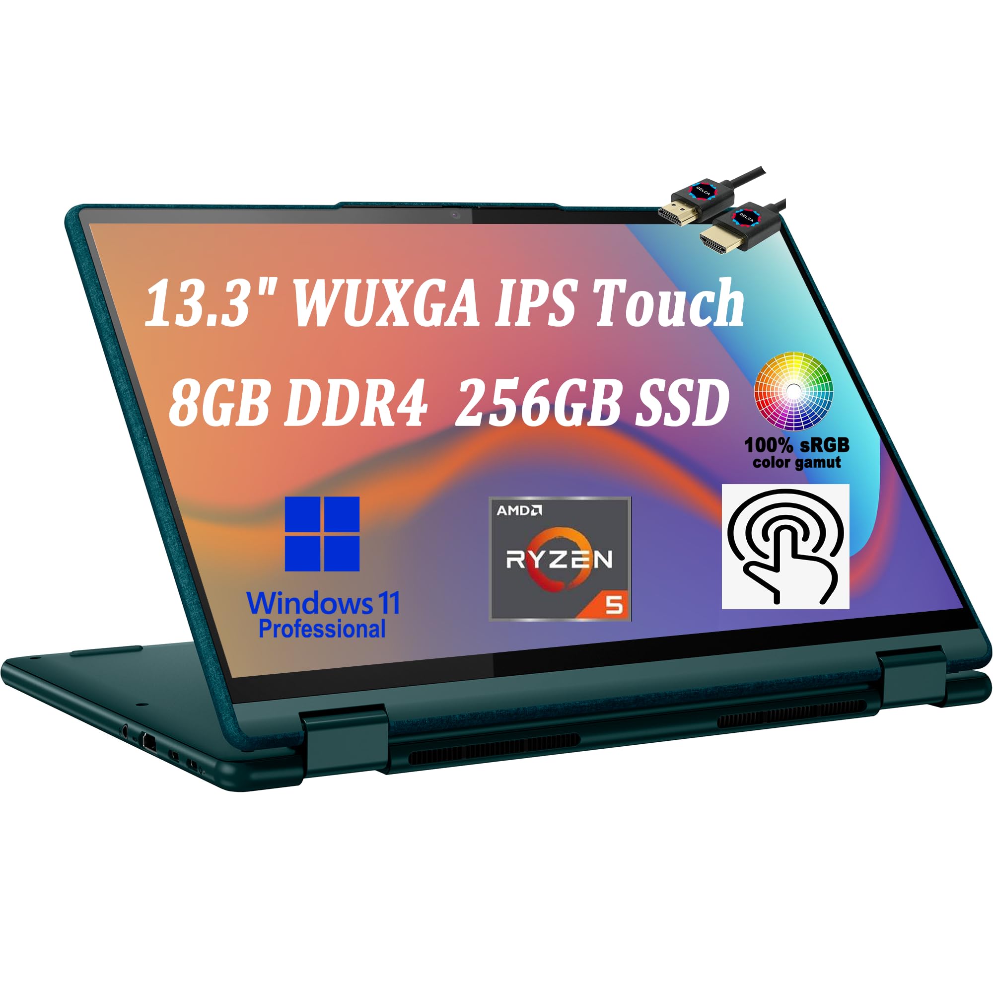 Lenovo Yoga 6 13 2-in-1 Laptop I 13.3" WUXGA IPS 100% sRGB Touchscreen I AMD 6-Core Ryzen 5 5500U (>i7-10510U) I 8GB DDR4 256GB SSD I Backlit Fingerprint HDMI Win11 Pro Dark Teal + HDMI Cable