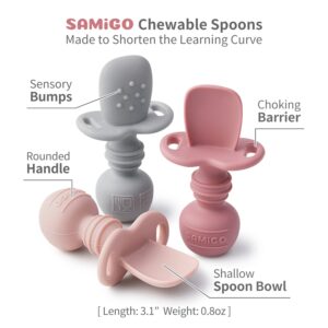 SAMiGO Silicone Baby Utensils - Self Feeding Spoons and Tiny Training Cup - First Stage Baby Led Weaning Supplies for 6 Months+ Infants - Set of 3