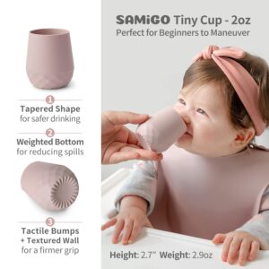 SAMiGO Silicone Baby Utensils - Self Feeding Spoons and Tiny Training Cup - First Stage Baby Led Weaning Supplies for 6 Months+ Infants - Set of 3