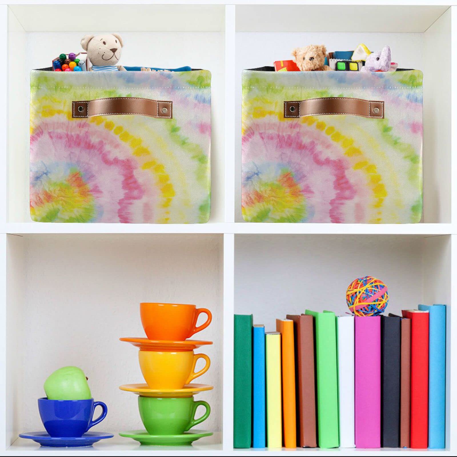 Kigai Rainbow Tie Dye Storage Baskets Rectangle Foldable Canvas Fabric Organizer Storage Boxes with Handles for Home Office Decorative Closet Shelves Clothes Storage