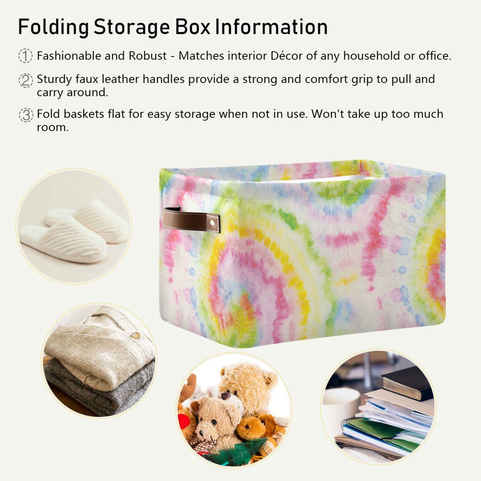 Kigai Rainbow Tie Dye Storage Baskets Rectangle Foldable Canvas Fabric Organizer Storage Boxes with Handles for Home Office Decorative Closet Shelves Clothes Storage