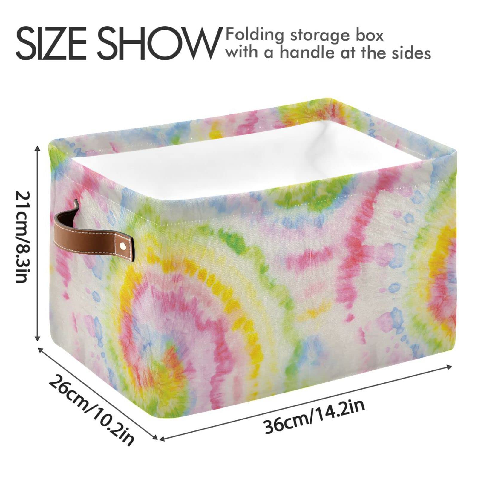 Kigai Rainbow Tie Dye Storage Baskets Rectangle Foldable Canvas Fabric Organizer Storage Boxes with Handles for Home Office Decorative Closet Shelves Clothes Storage