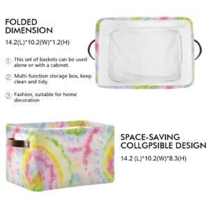 Kigai Rainbow Tie Dye Storage Baskets Rectangle Foldable Canvas Fabric Organizer Storage Boxes with Handles for Home Office Decorative Closet Shelves Clothes Storage