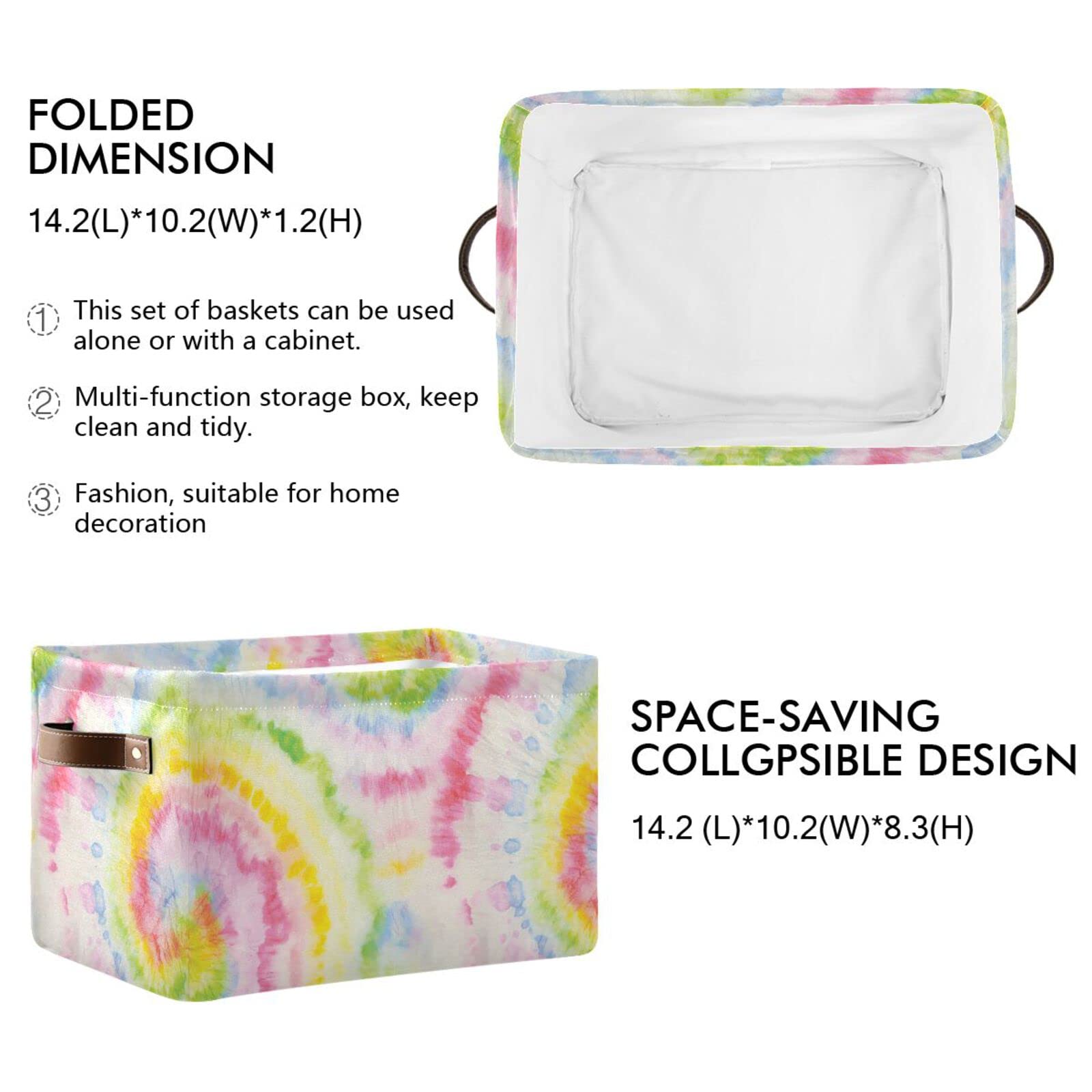 Kigai Rainbow Tie Dye Storage Baskets Rectangle Foldable Canvas Fabric Organizer Storage Boxes with Handles for Home Office Decorative Closet Shelves Clothes Storage