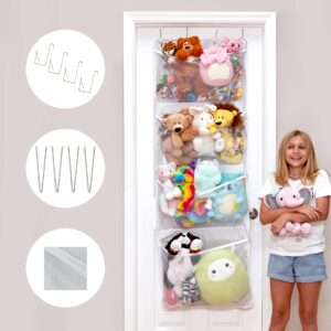 lilly's love over door stuffed animal toy storage hanging organizer | 4 expandable mesh net pockets, stores loads of plush toys | large plushie display for boys, girls | white (65" x 23")