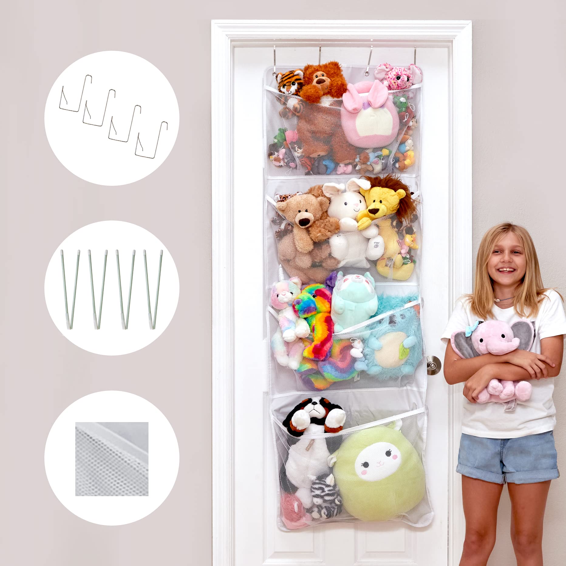 Lilly's Love Over Door Stuffed Animal Toy Storage Hanging Organizer | 4 Expandable Mesh Net Pockets, Stores Loads of Plush Toys | Large Plushie Display for Boys, Girls | White (65" x 23")