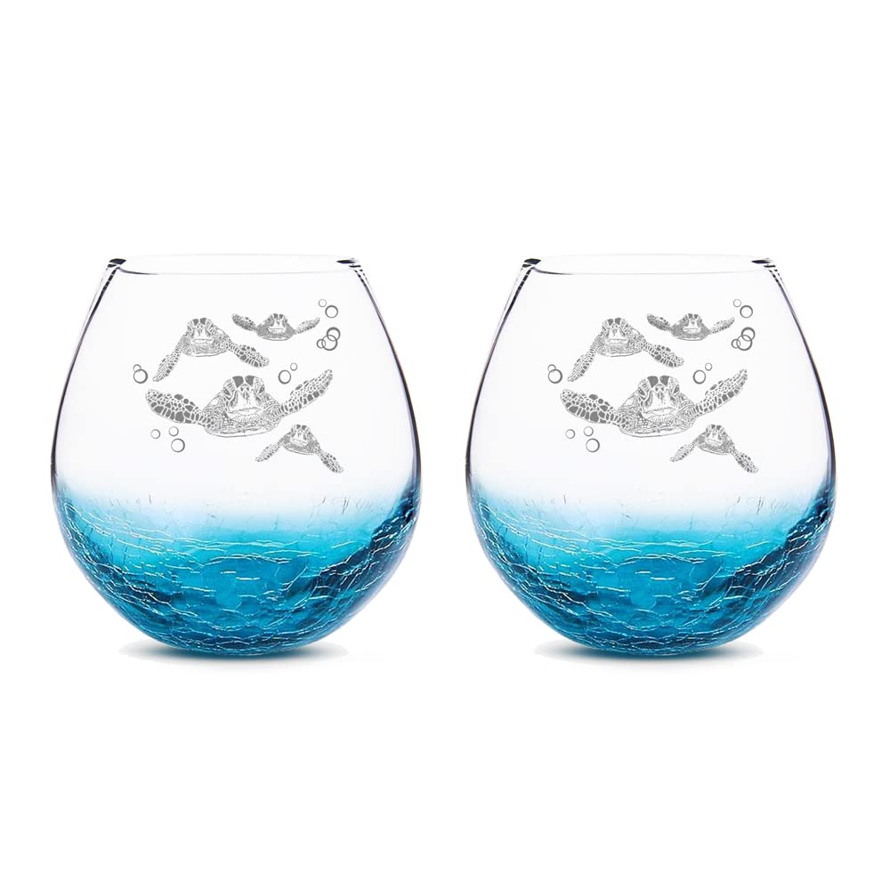 Mothers Day Gifts for Wife, Etched Sea Turtles Family Handmade Engraved Crackle Teal Wine Glass