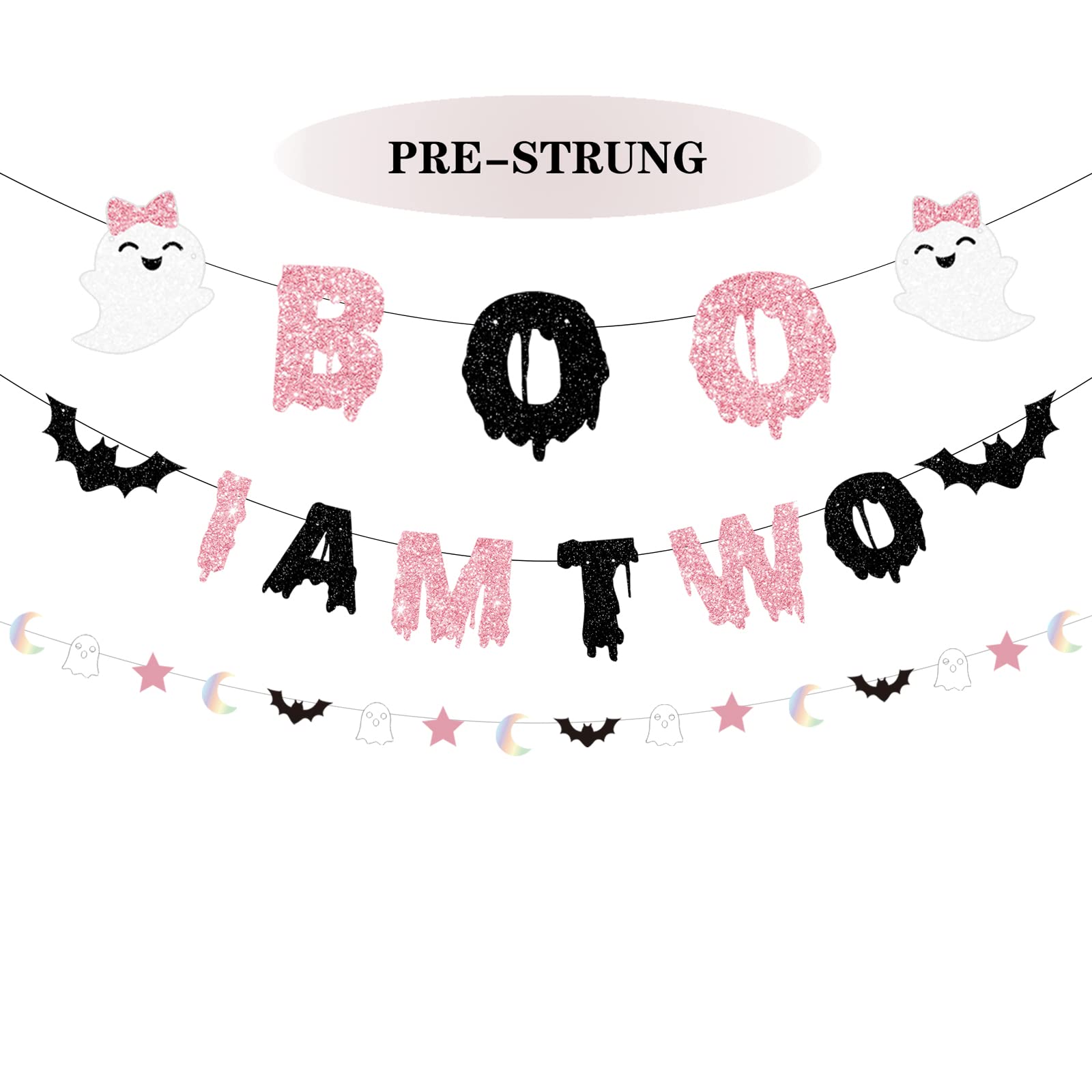 Boo I'm Two Halloween Banner and Ghost Bat Moon Star Garland Pink Black Glitter- Halloween 2nd Birthday Party Decorations for Girl, Here for the Boos Baby Shower Decorations