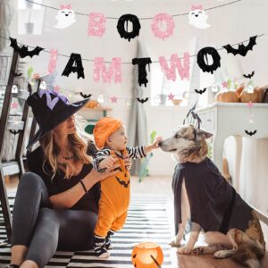 Boo I'm Two Halloween Banner and Ghost Bat Moon Star Garland Pink Black Glitter- Halloween 2nd Birthday Party Decorations for Girl, Here for the Boos Baby Shower Decorations