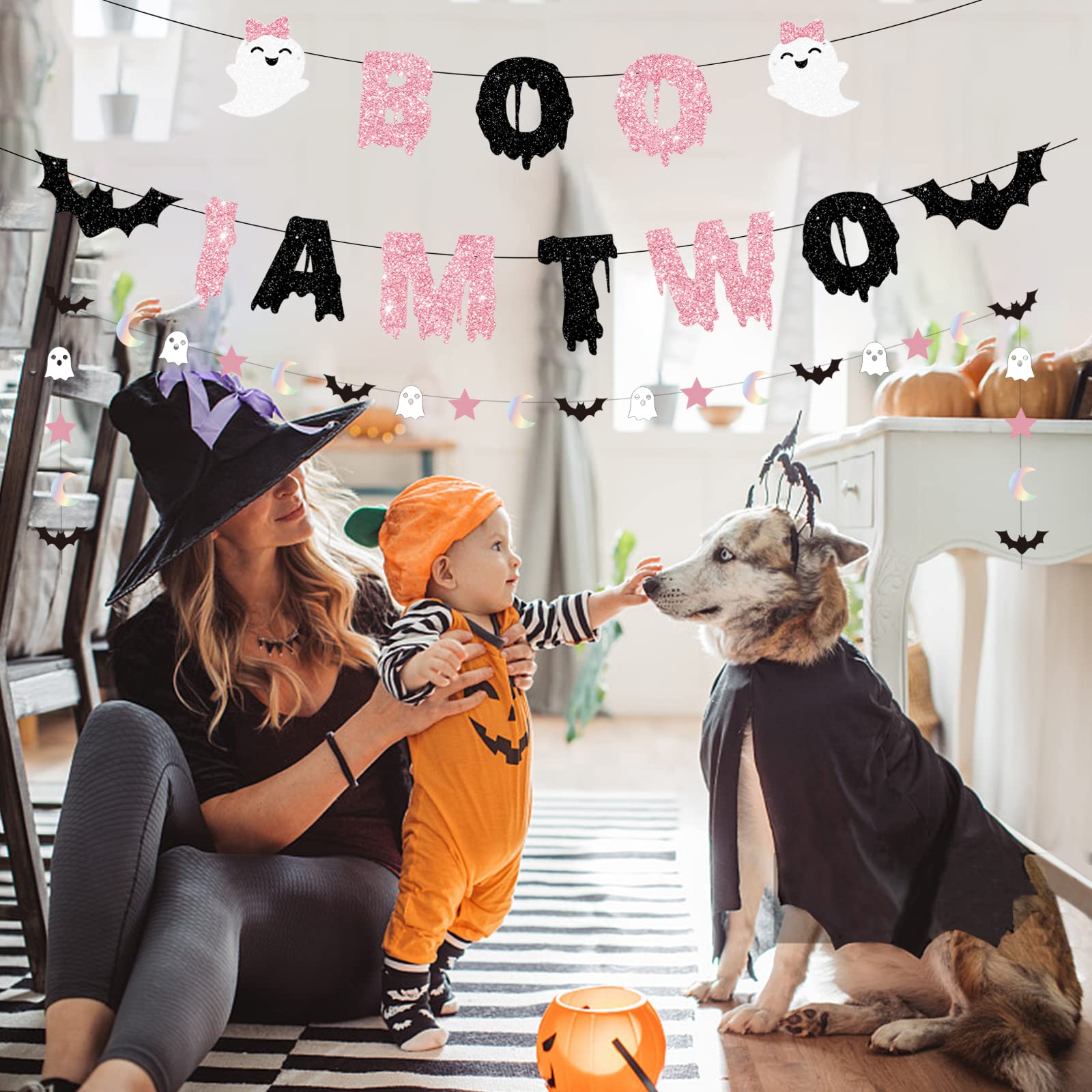 Boo I'm Two Halloween Banner and Ghost Bat Moon Star Garland Pink Black Glitter- Halloween 2nd Birthday Party Decorations for Girl, Here for the Boos Baby Shower Decorations