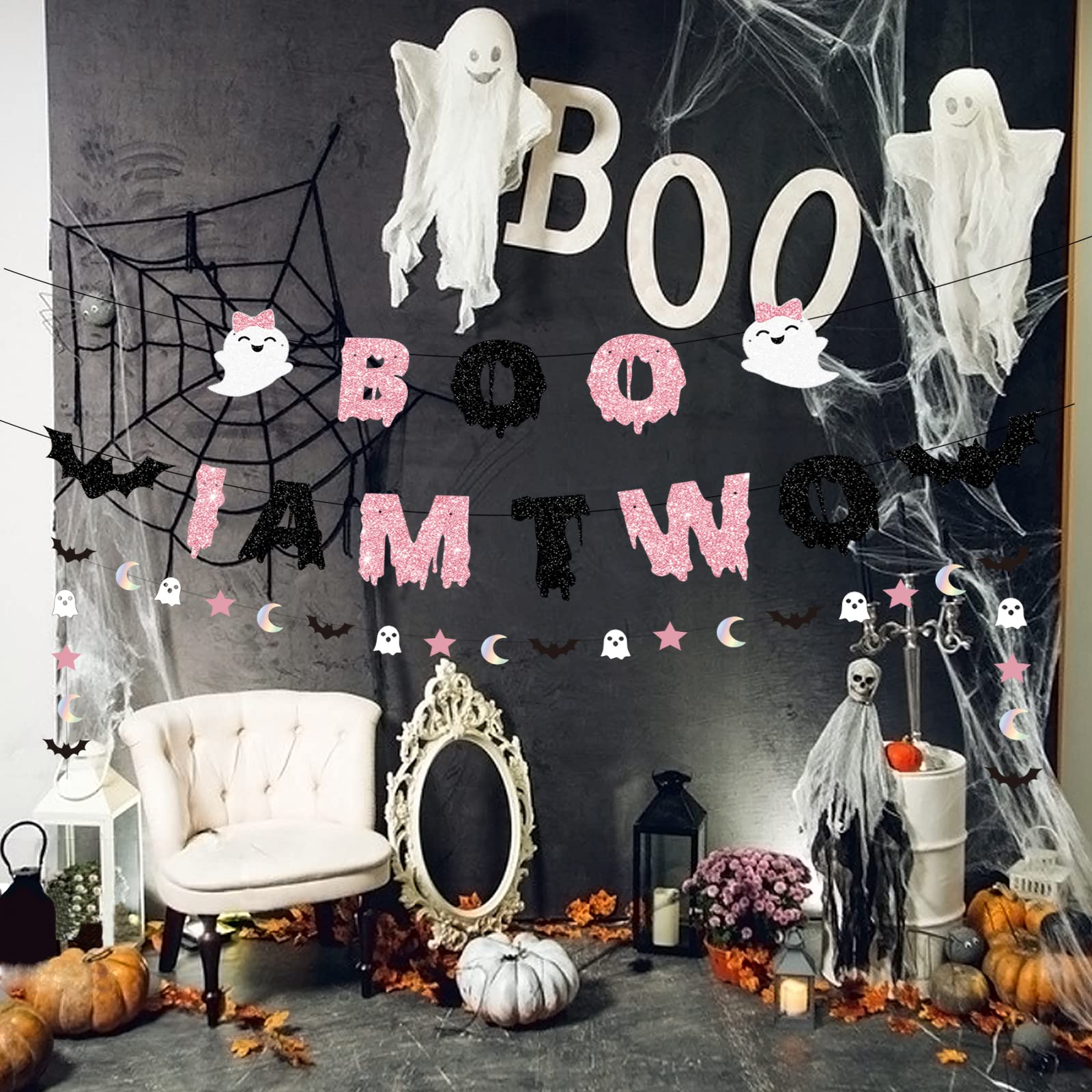 Boo I'm Two Halloween Banner and Ghost Bat Moon Star Garland Pink Black Glitter- Halloween 2nd Birthday Party Decorations for Girl, Here for the Boos Baby Shower Decorations