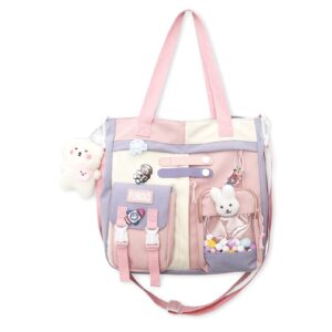 KOWVOWZ Kawaii Shoulder Tote Bag with Cute Pin Accessories Plush Rabbit & Bear Pendant Girl School Backpack Laptop Schoolbag Crossbody for Students (Purple)