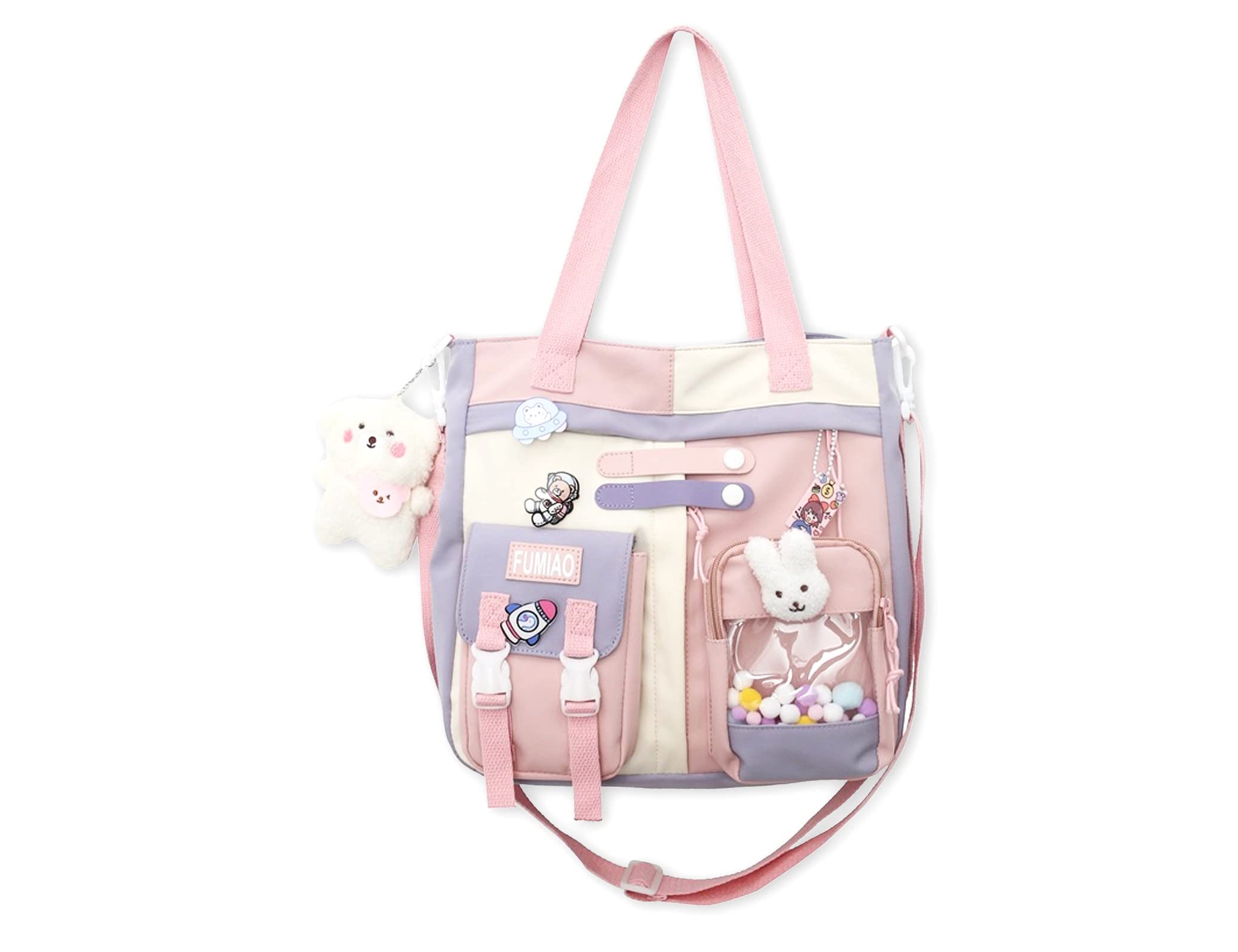 KOWVOWZ Kawaii Shoulder Tote Bag with Cute Pin Accessories Plush Rabbit & Bear Pendant Girl School Backpack Laptop Schoolbag Crossbody for Students (Purple)