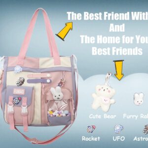 KOWVOWZ Kawaii Shoulder Tote Bag with Cute Pin Accessories Plush Rabbit & Bear Pendant Girl School Backpack Laptop Schoolbag Crossbody for Students (Purple)