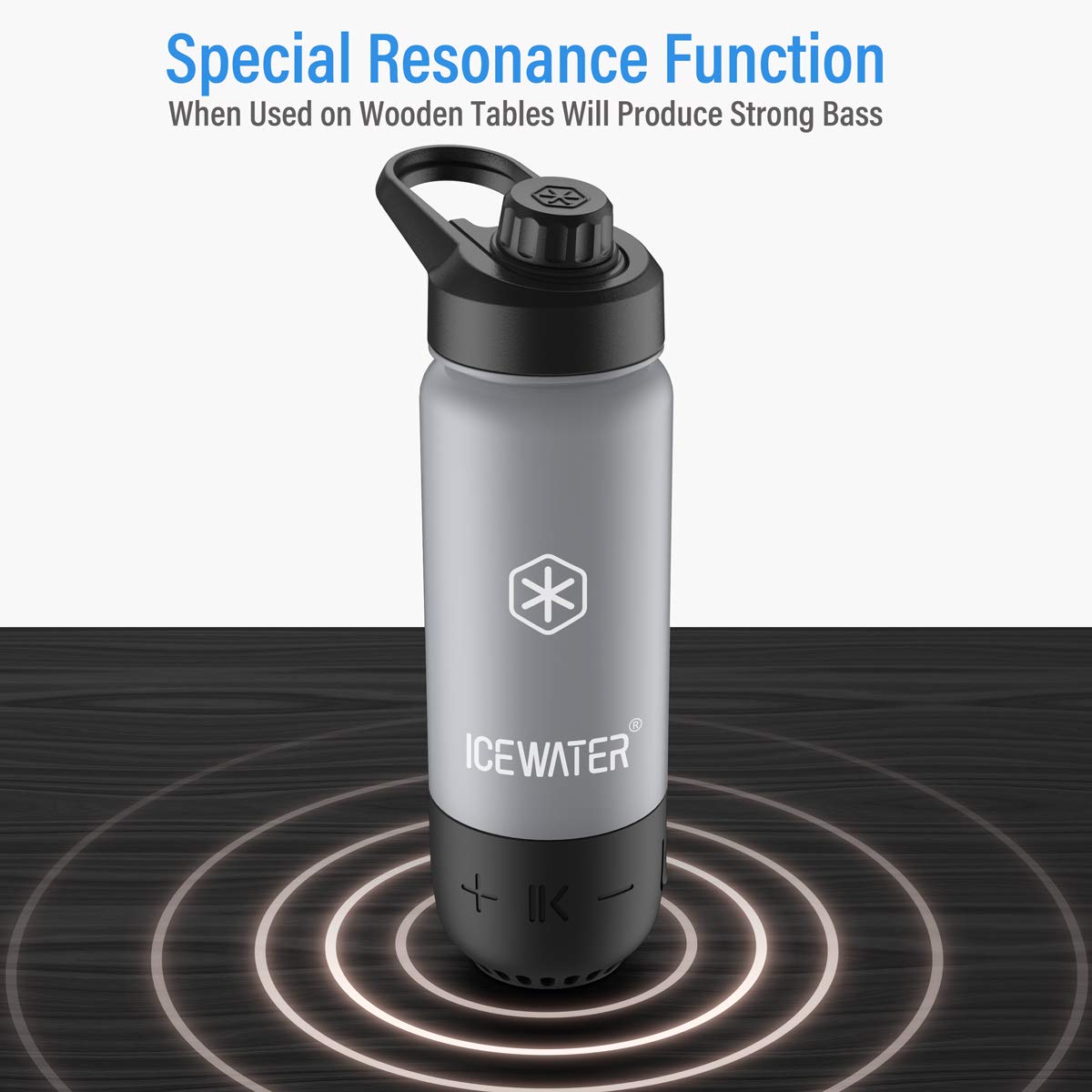 ICEWATER 3-in-1 Smart Water Bottle, Great Birthday Gift, Glows to Remind You to Keep Hydrated, Play Music & Dancing Lights, Vacuum Insulated, Stainless Steel, 18 oz (Insulated-Straw Lid, Black)