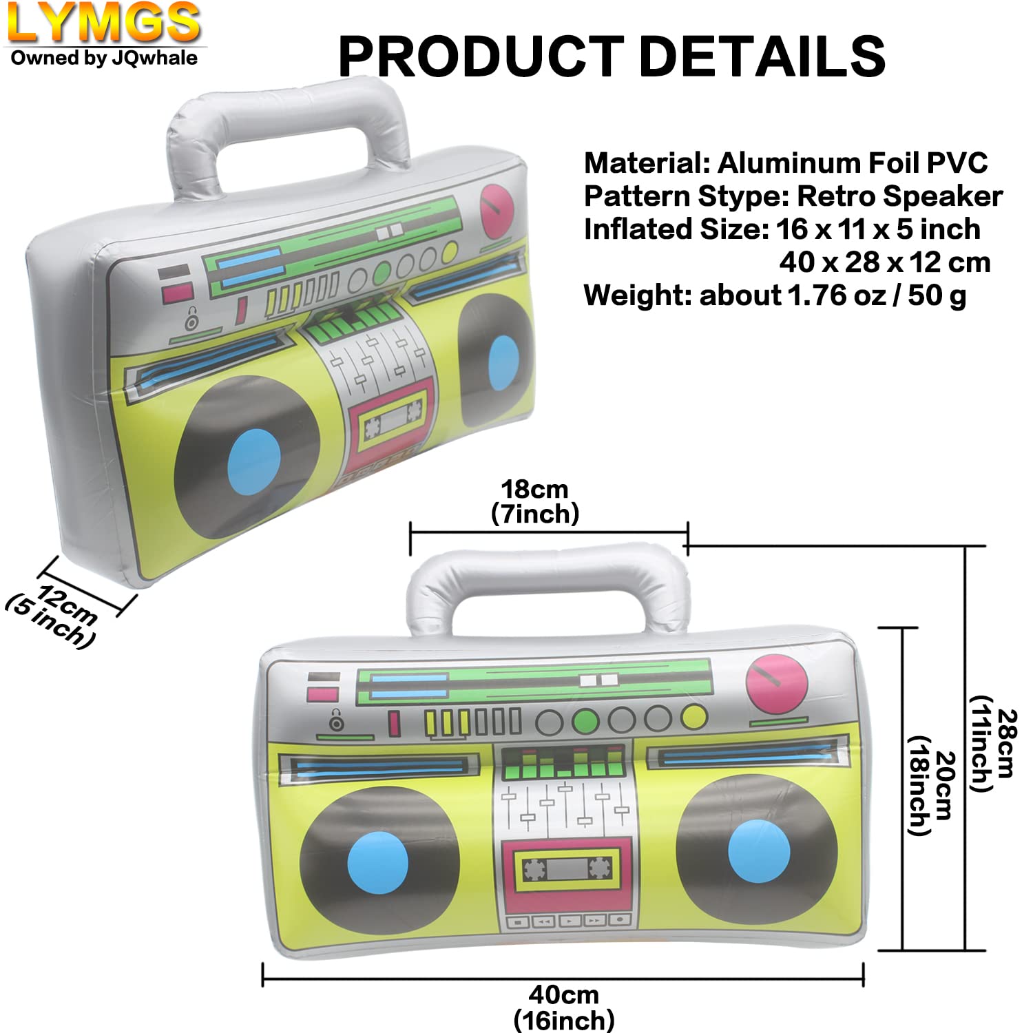 LYMGS 16 Inch Inflatable Boombox Radio Party Toy, 40cm Large Blow Up Retro 80s 90s BOOM BOX Speaker Balloon Decoration for Beach Party Kids Toy Prop Accessory, 1 Pack