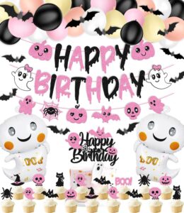 67 pcs halloween birthday decorations pink black birthday banner cake topper halloween cupcake decoration 3d bat wall stickers halloween theme balloons happy birthday party supplies