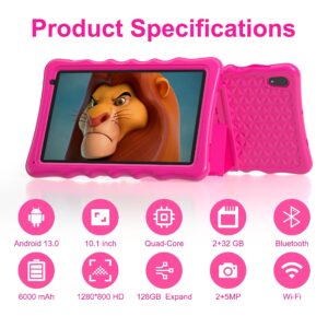 BYYBUO Kids Tablet, 10.1 inch Android 13 Tablet for Kids, 2GB RAM 32GB ROM 6000mAh Battery, Toddler Tablets with Bluetooth, WiFi, Parental Control, Dual Camera, Shockproof Case