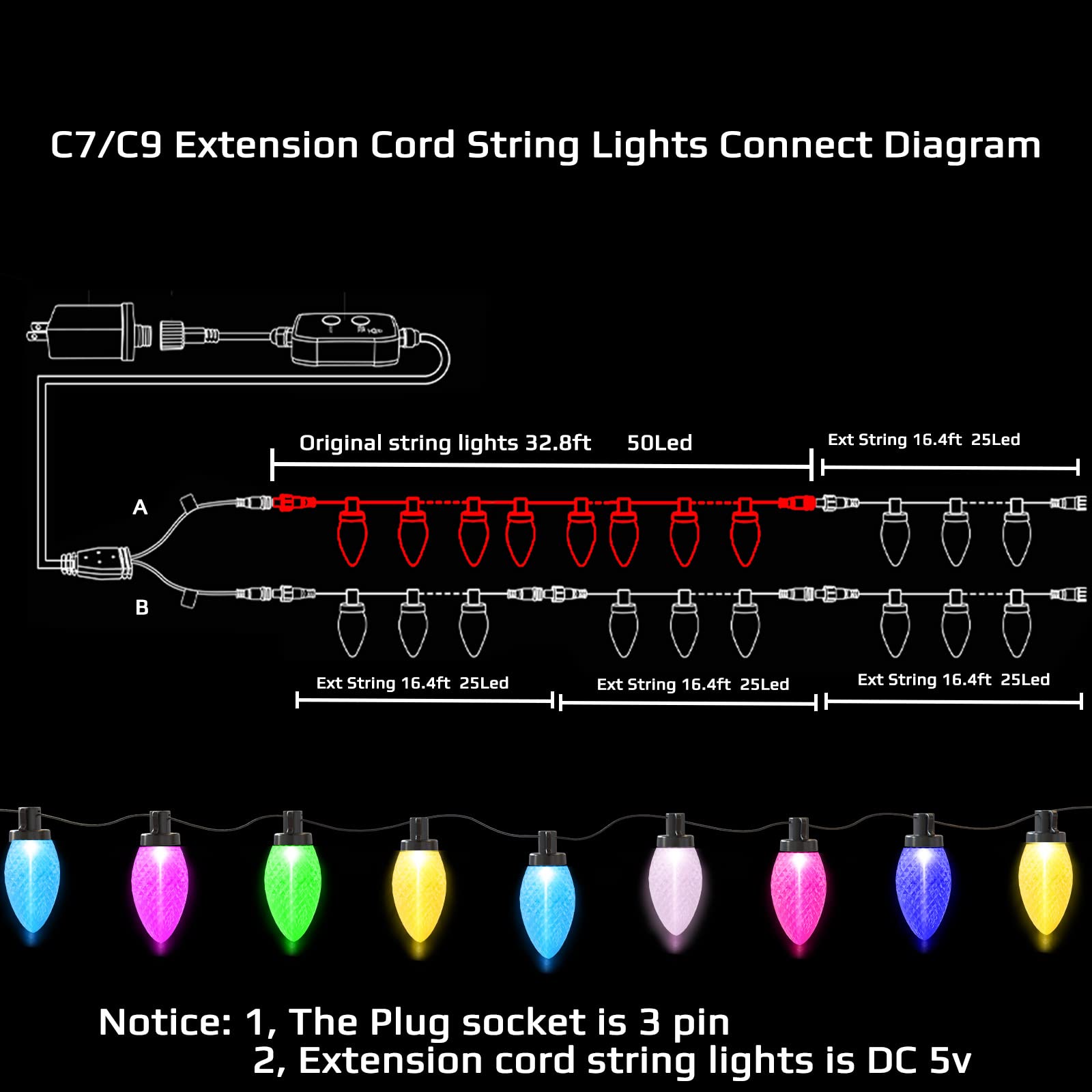 C7 Smart Christmas Lights, 32.8Ft LED Smart Outdoor String Lights, Smart Christmas Tree Lights, 50 Dimmable LED Bulbs with Remote&App, Music Sync&Timer Control, Waterproof for Christmas Decor