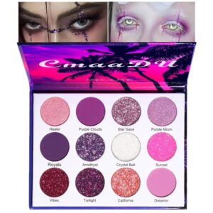 mysense glitter eyeshadow palette, 12 colors purple pink eye shadow makeup pressed glitter shimmer matte eyeshadow pallets, halloween christmas costume face paint cosplay makeup for women girls