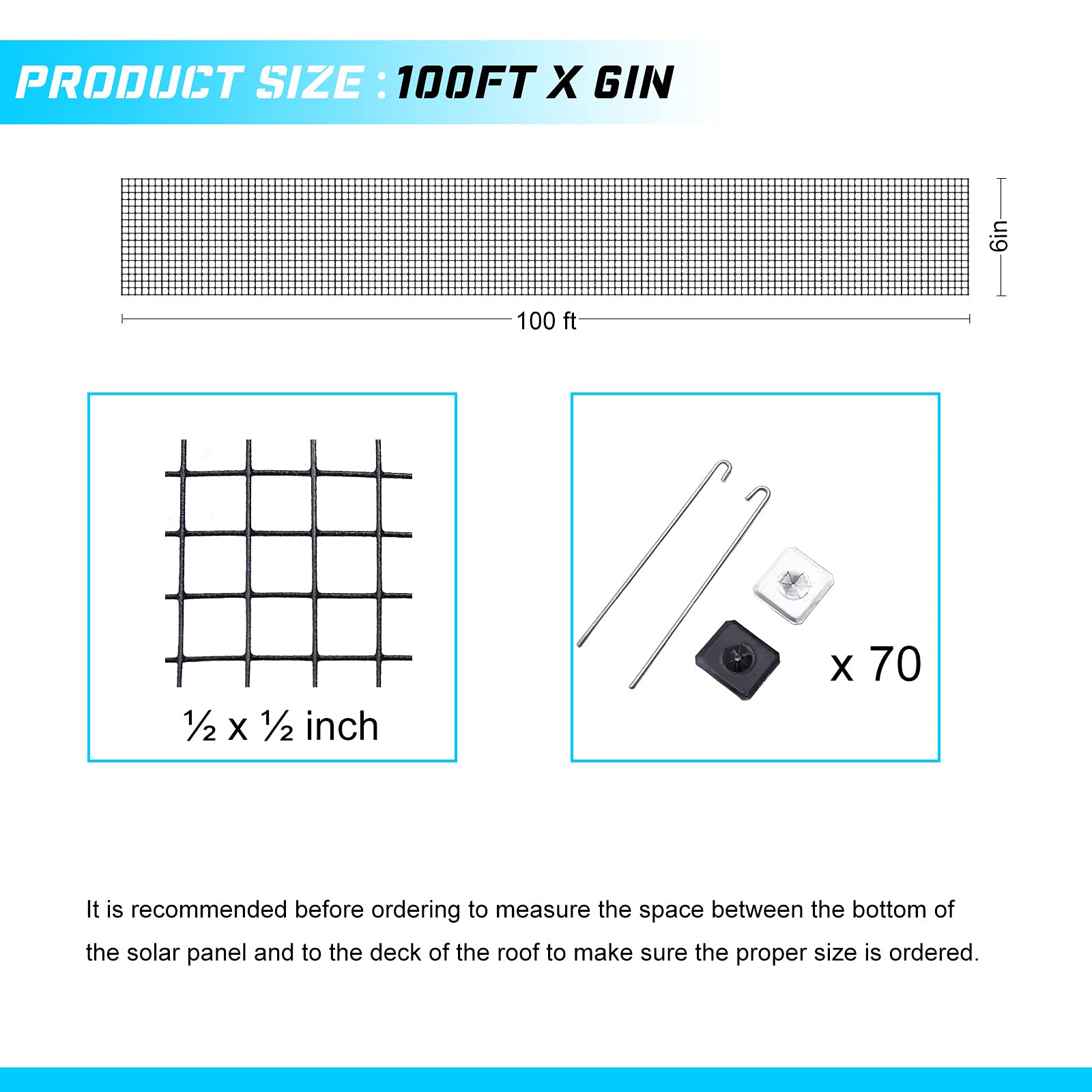 MEFBANT Solar Panel Bird/Critter Guard with 70 Aluminum Fasteners Clips.6 Inches x 100 Feet Solar Panel Protection Device Roof Protection Net ， PVC Coated Galvanized Steel Coil，